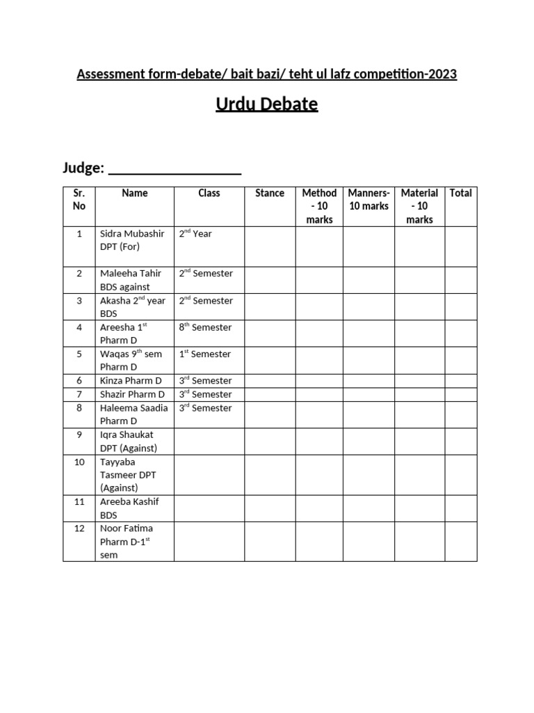 Urdu' Debate-Assessment Form | PDF