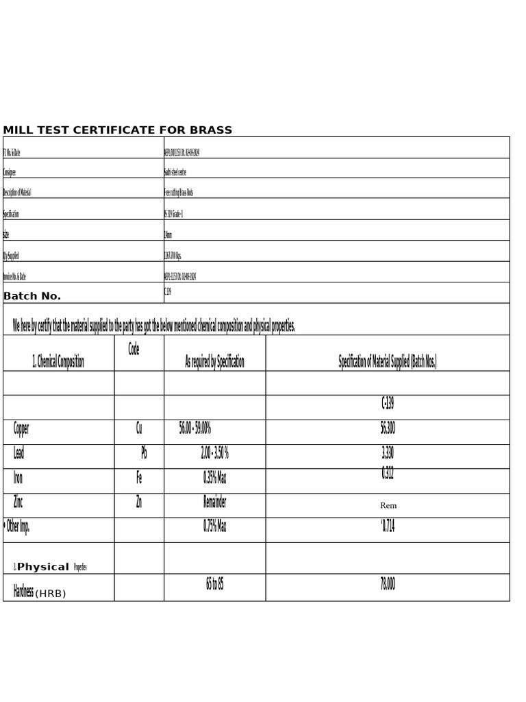 Brass Rods Mill Test Certificate | PDF