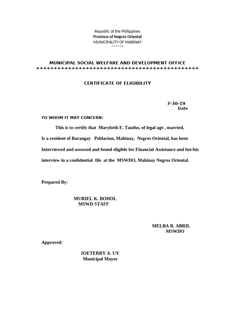 Certificate of Eligibility for Assistance | PDF