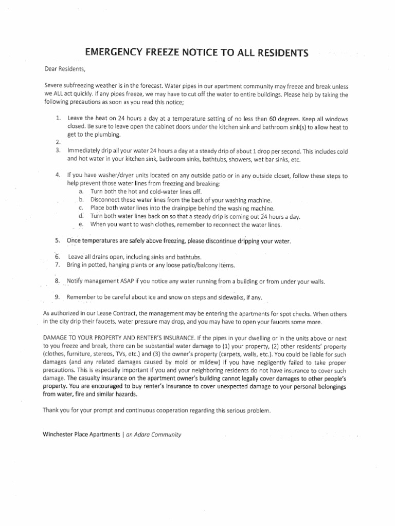 Freeze Notice To ALL Residents | PDF