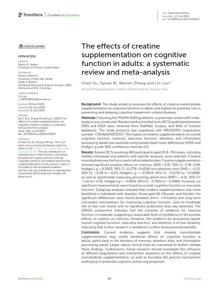 The Effects of Creatine Supplementation On Cognitive Function in Adults ...