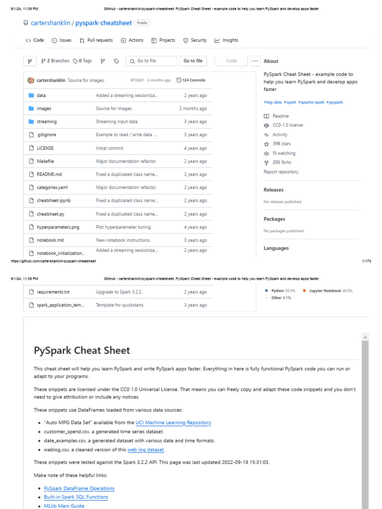 GitHub - Cartershanklin - Pyspark-Cheatsheet - PySpark Cheat Sheet - Example Code To Help You ...