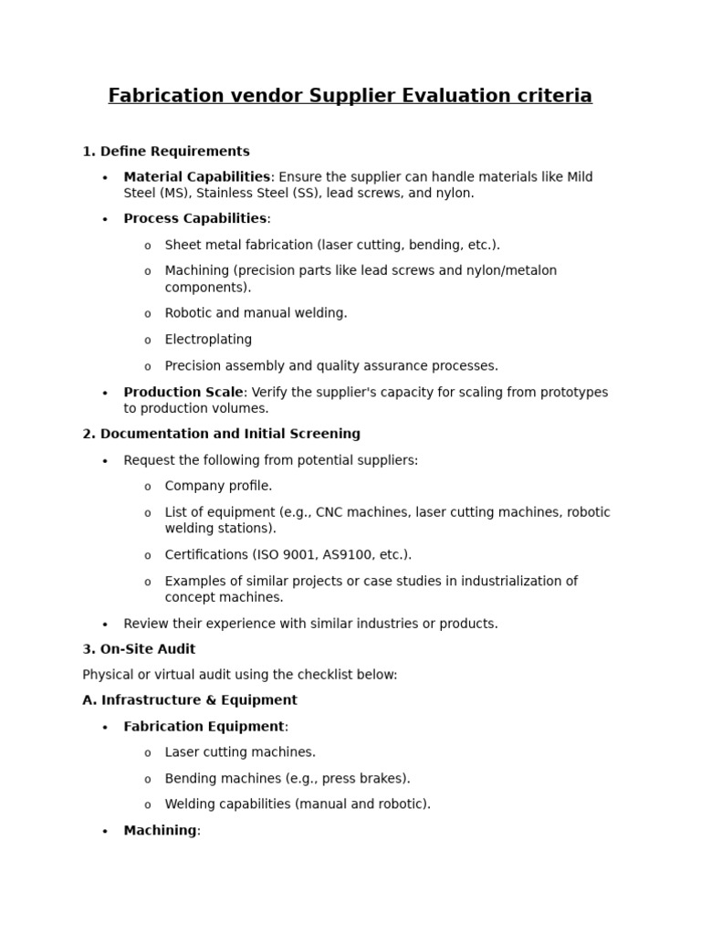 Supplier Evaluation Criteria for Fabrication | PDF | Metal Fabrication ...