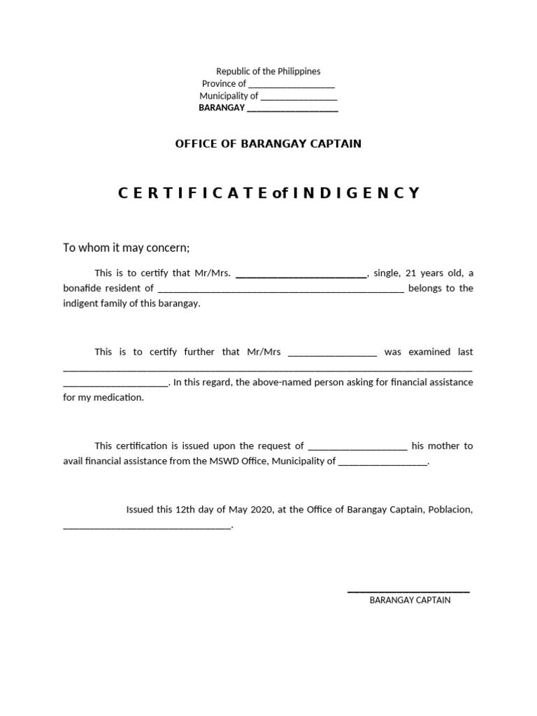 CERTIFICATe of Indigency Blank | PDF