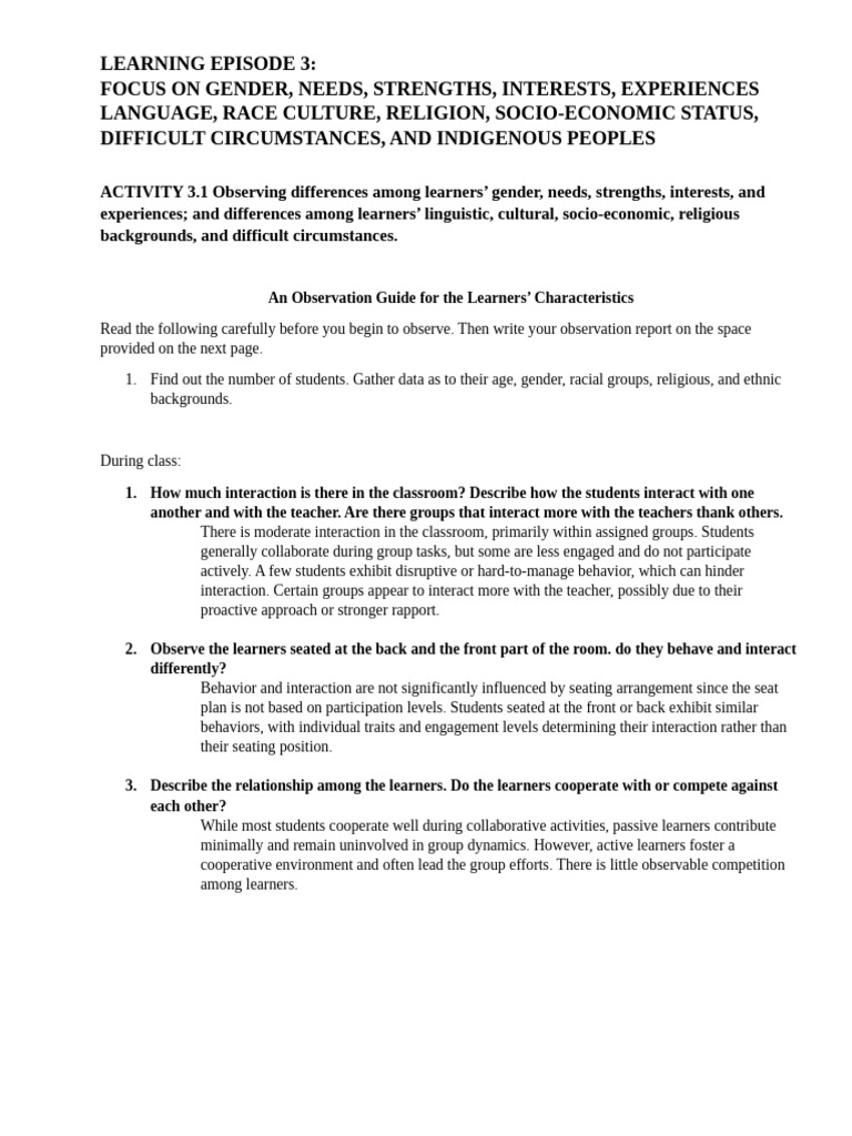 Episode 3 Focus On Gender, Needs, Strengths, Interests, Experiences ...