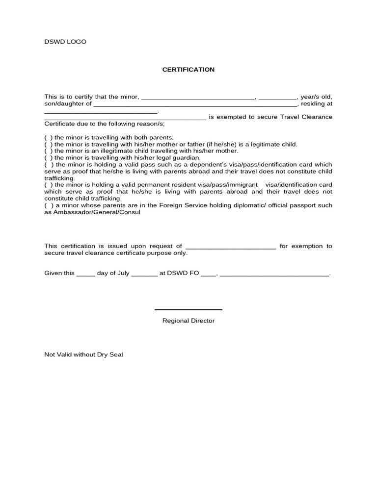 DSWD Travel Clearance Exemption Certificate | PDF