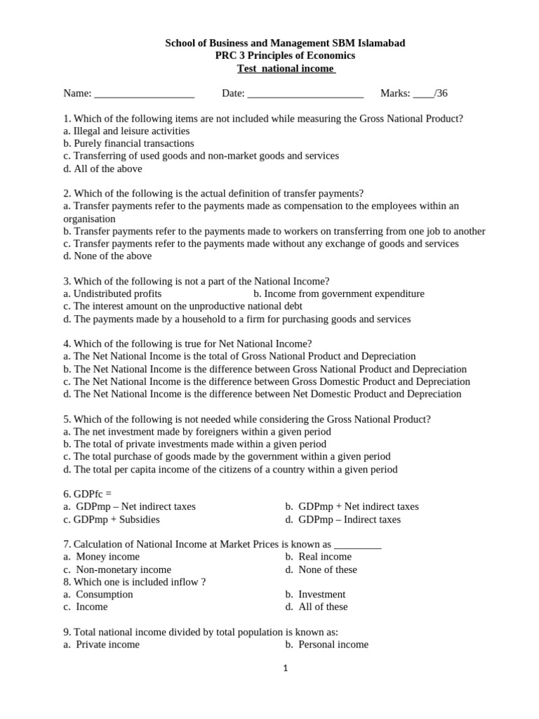 Test CH 5 National Income | PDF | Income | Measures Of National Income ...