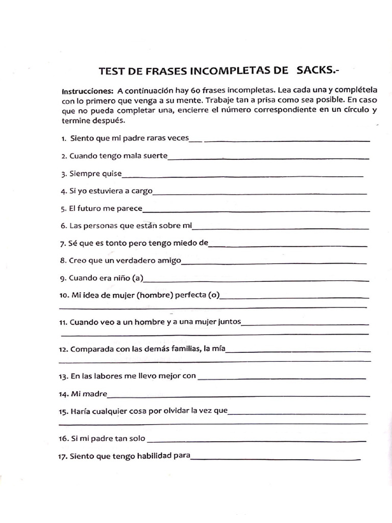 Test de Frases Incompletas de Sacks Completo | PDF