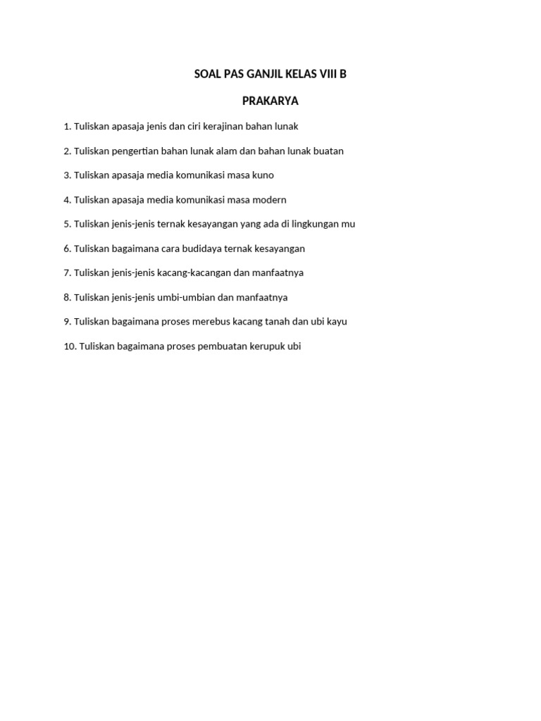 Soal PAS Ganjil Prakarya | PDF