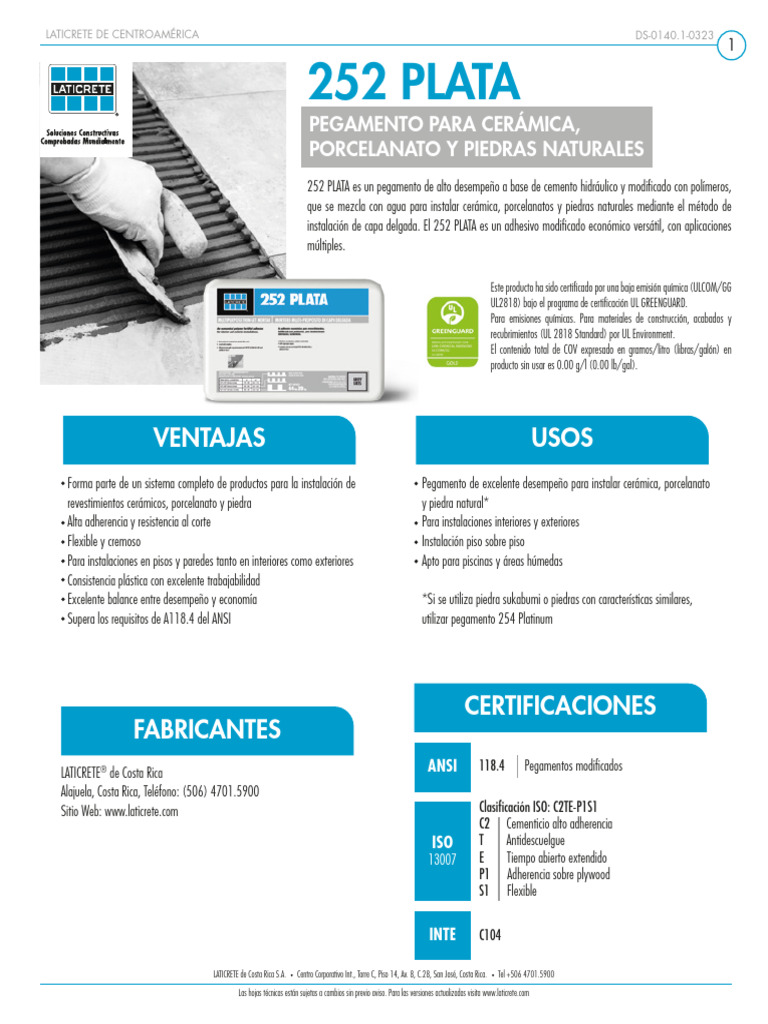Ficha Tecnica Laticrete 252 PLATA - Pegamento | PDF | Mortero ...