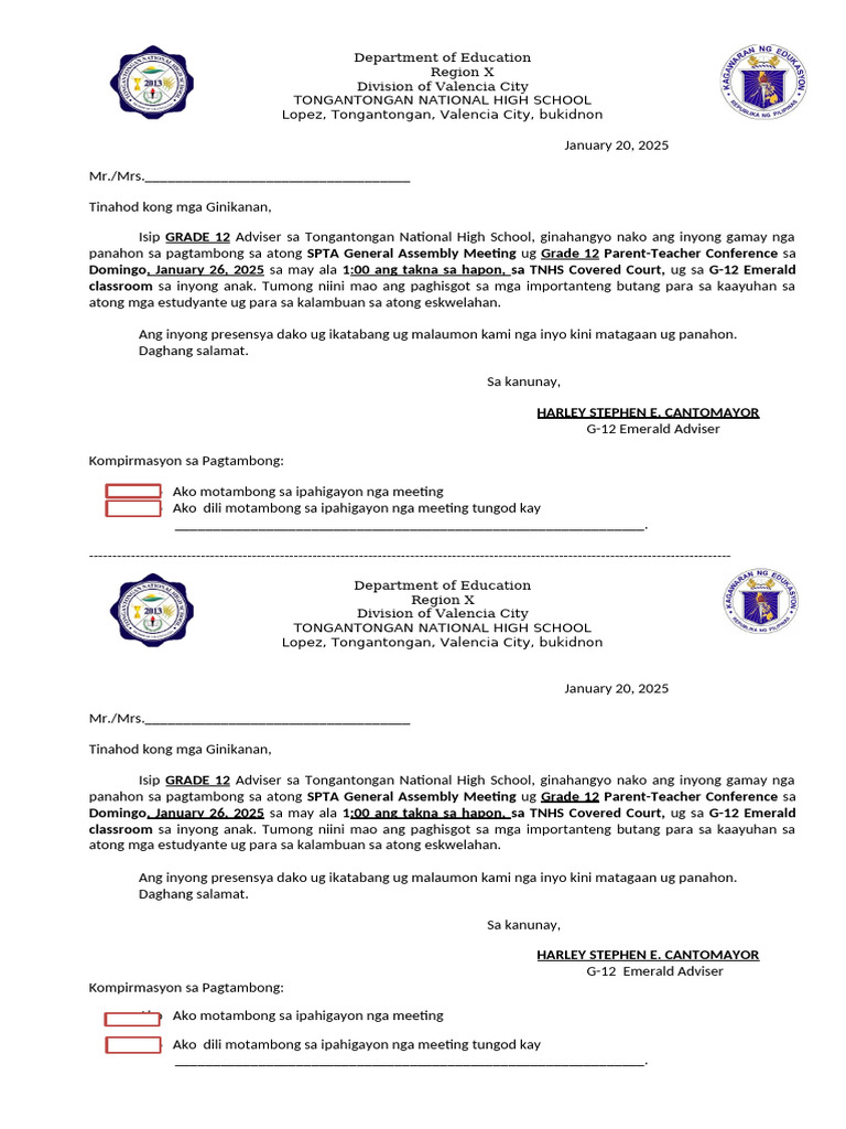 Letter For SPTA and Parent Teacher Coference | PDF