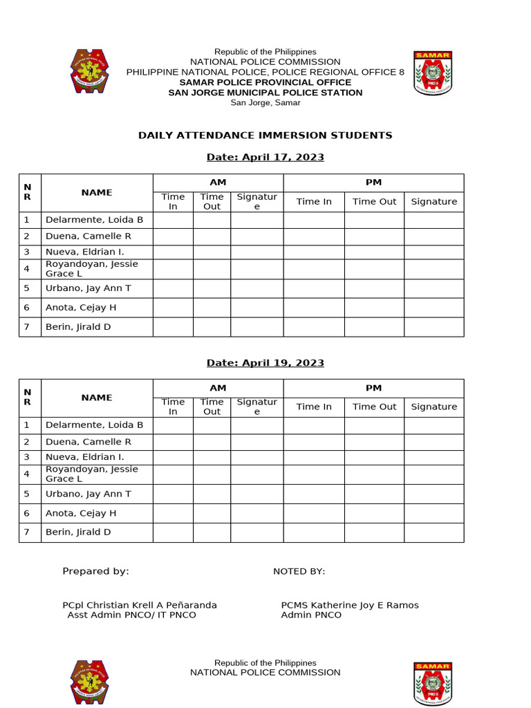 Immersion Attendance - Batch 1 | PDF | Law Enforcement | Crime & Violence