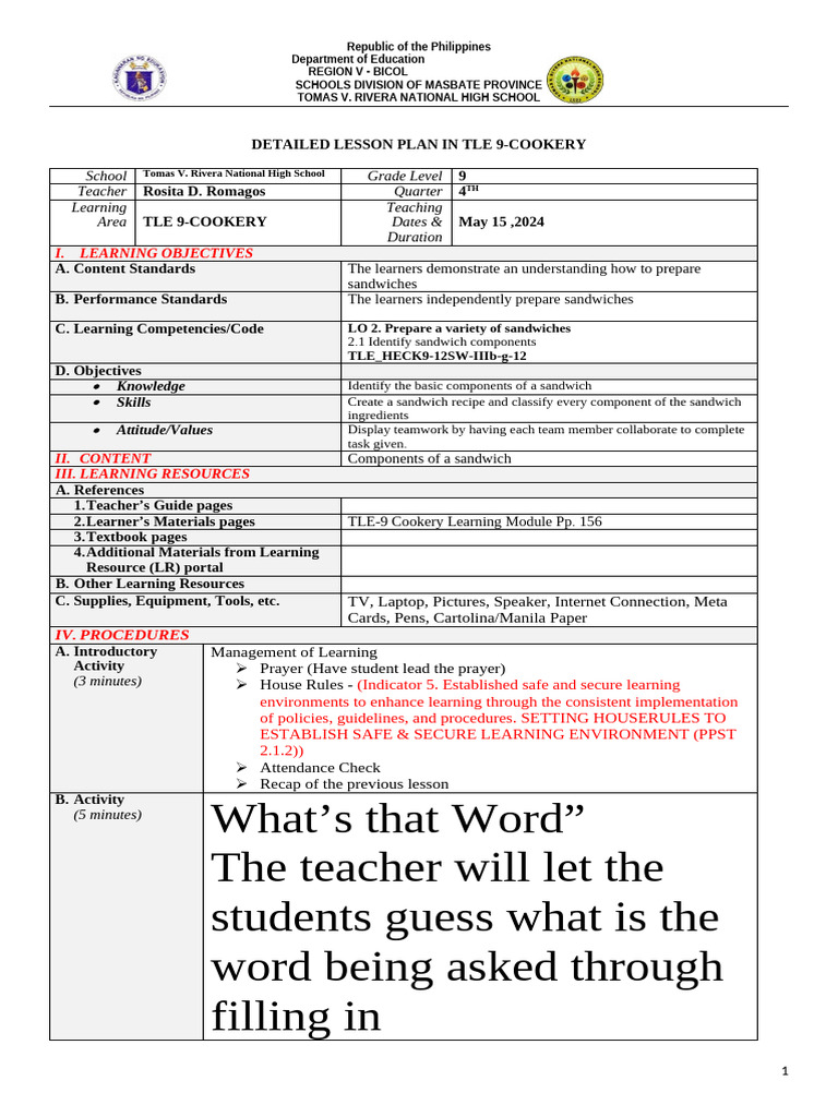 Co3 DLP Cookery 9 - Components of Sandwich | PDF | Learning | Teachers