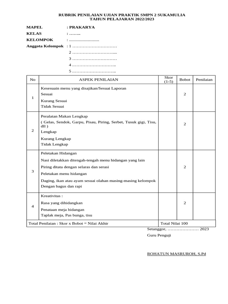 Rubrik Penilaian Ujian Praktek Prakarya | PDF