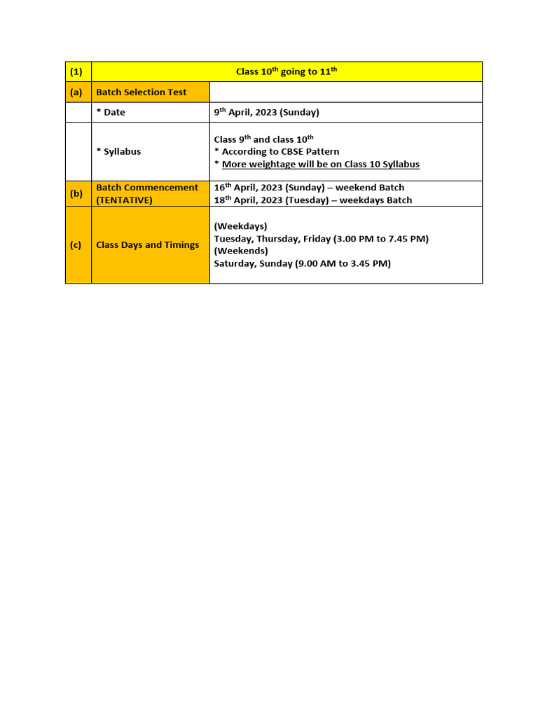 Class 10 to 11 Batch Selection Test | PDF