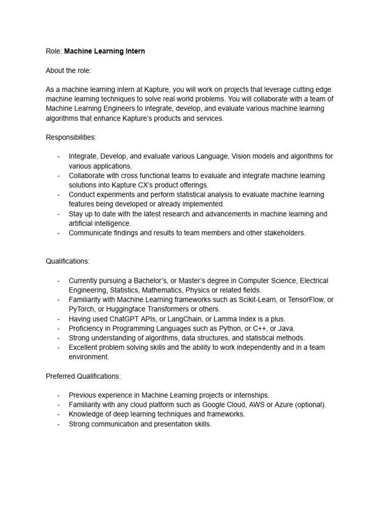 JD - Machine Learning Intern | PDF