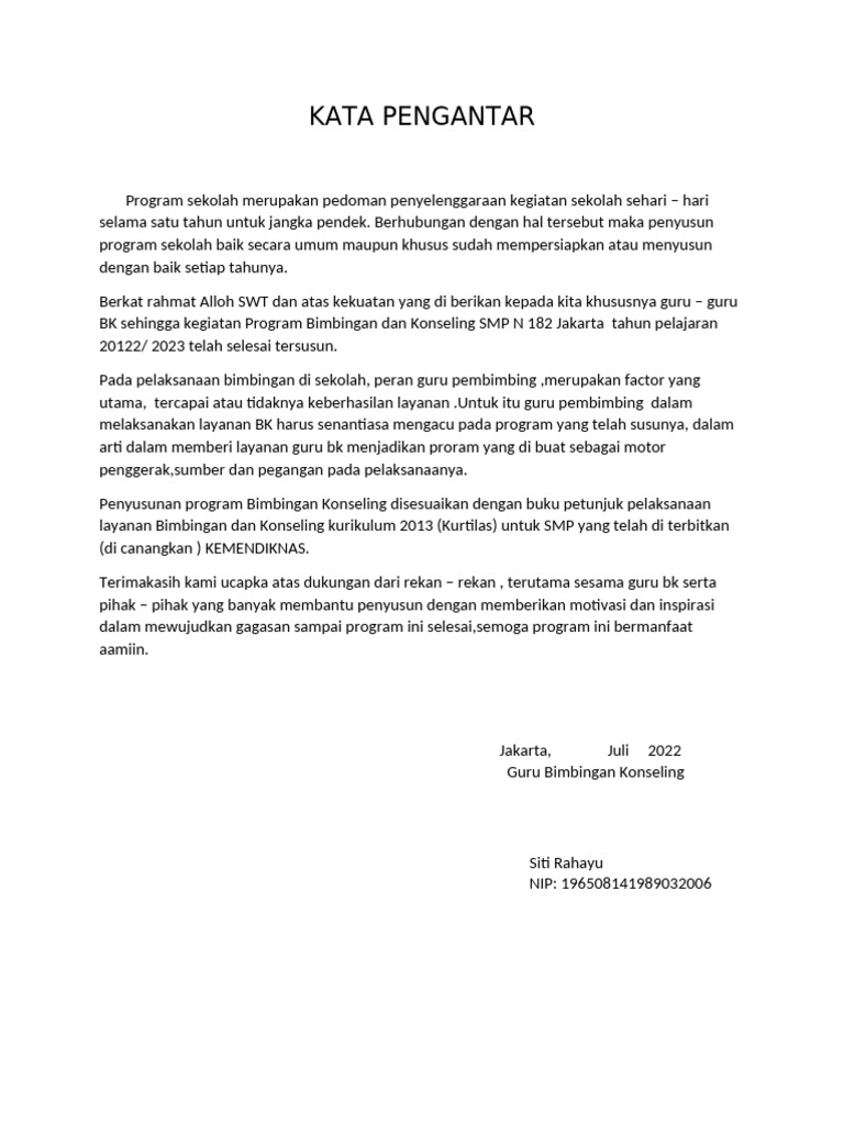Program BK SMP N 182 Jakarta 2022/2023 | PDF