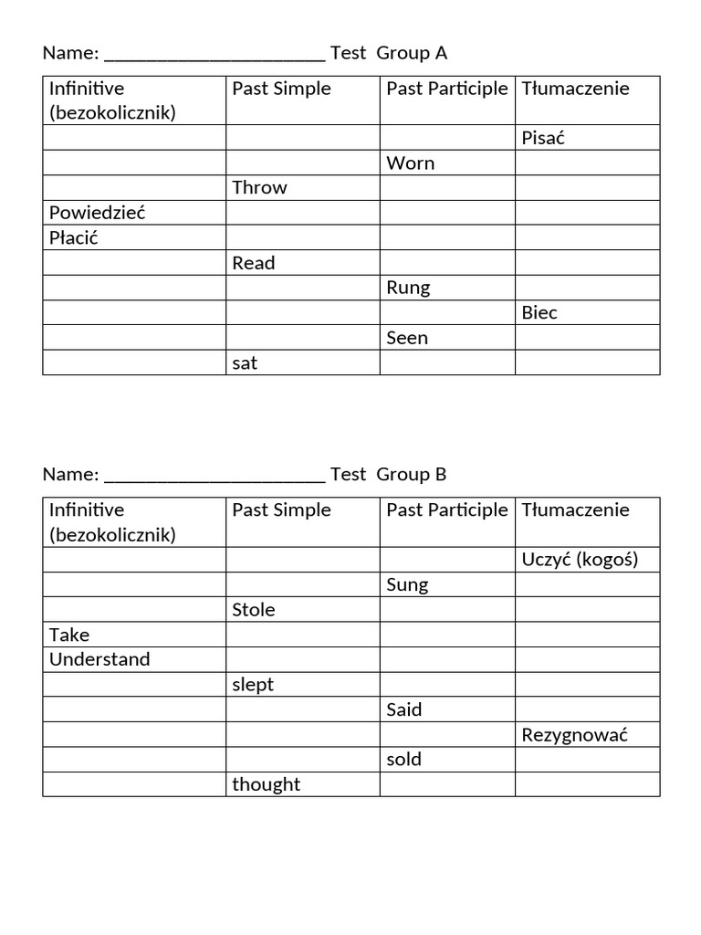 Irregular Verbs Pay to Write, Test 3 | PDF Irregular Verbs Pay to Write, Test 3 | PDF
