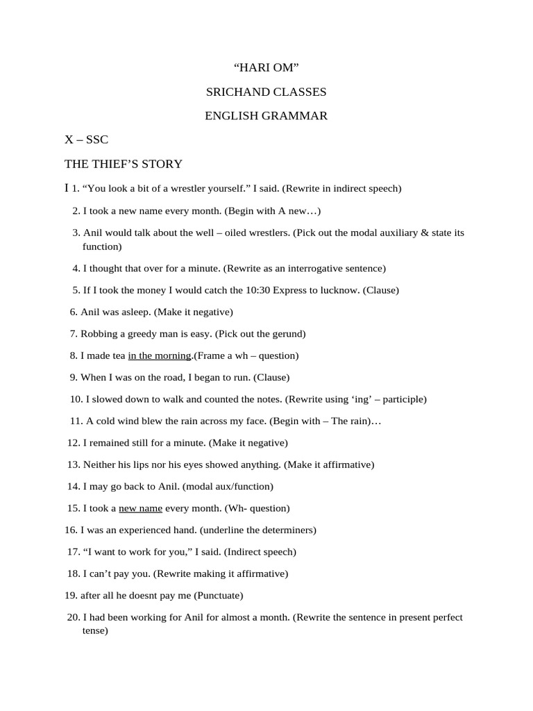 Grammar Exercises on "The Thief's Story" | PDF