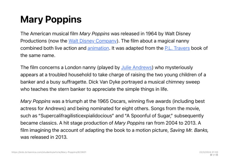 Mary Poppins: A Timeless Disney Classic | PDF