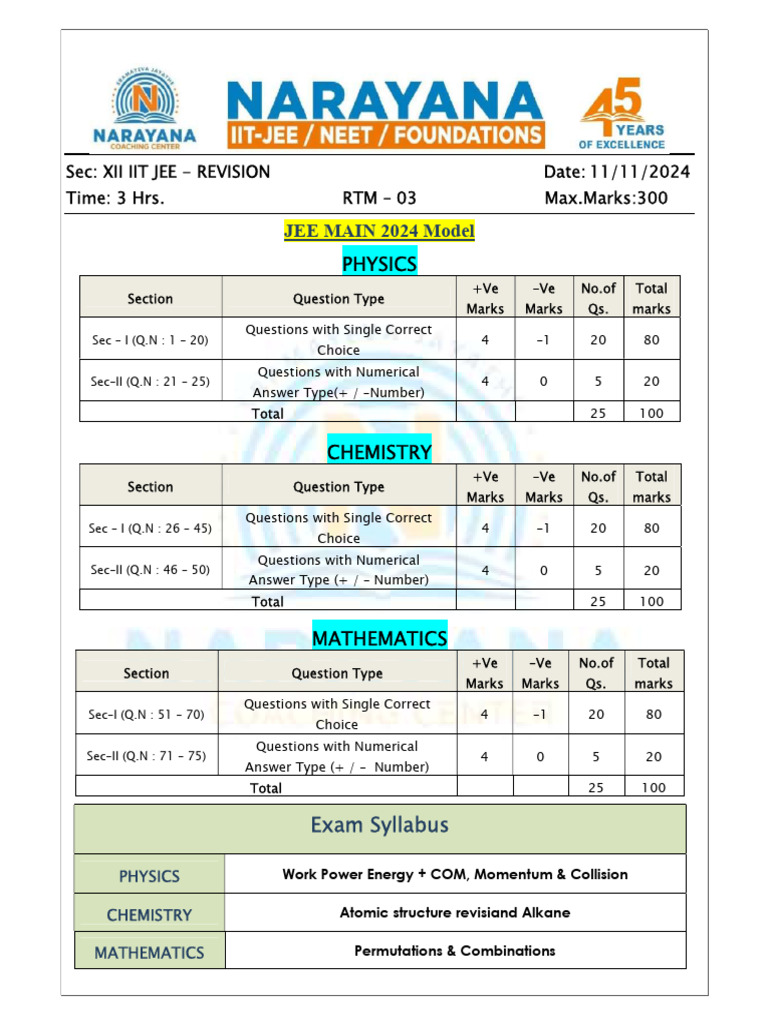 RTM-3 Xii Iit - 11-11-2024 QP | PDF | Electron | Force