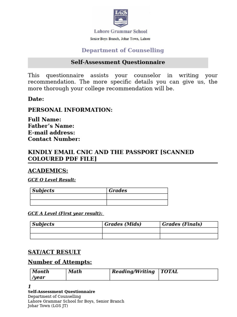 College Recommendation Questionnaire | PDF