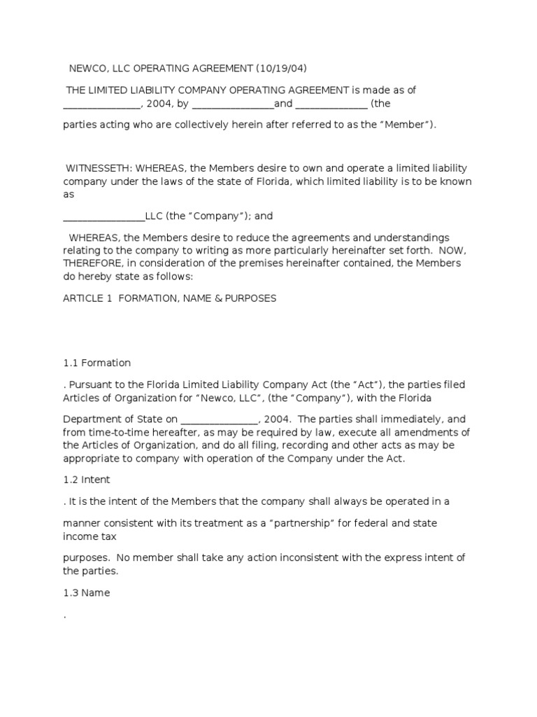LLC Operating Agreement | PDF | Limited Liability Company | Partnership