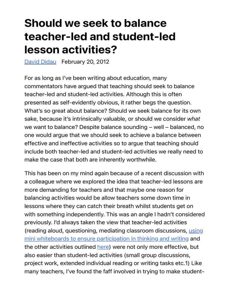 Should We Seek To Balance Teacher-Led and Student-Led Lesson Activities ...