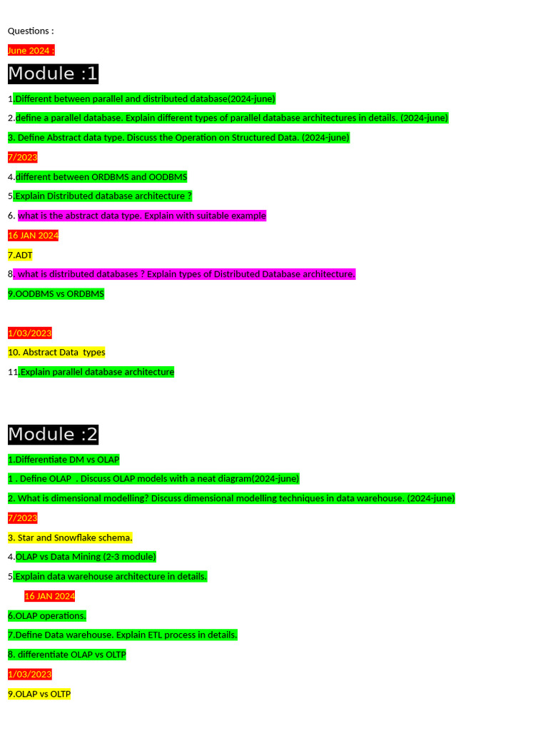 ADBMS IMP Questions | PDF | Data Warehouse | Databases