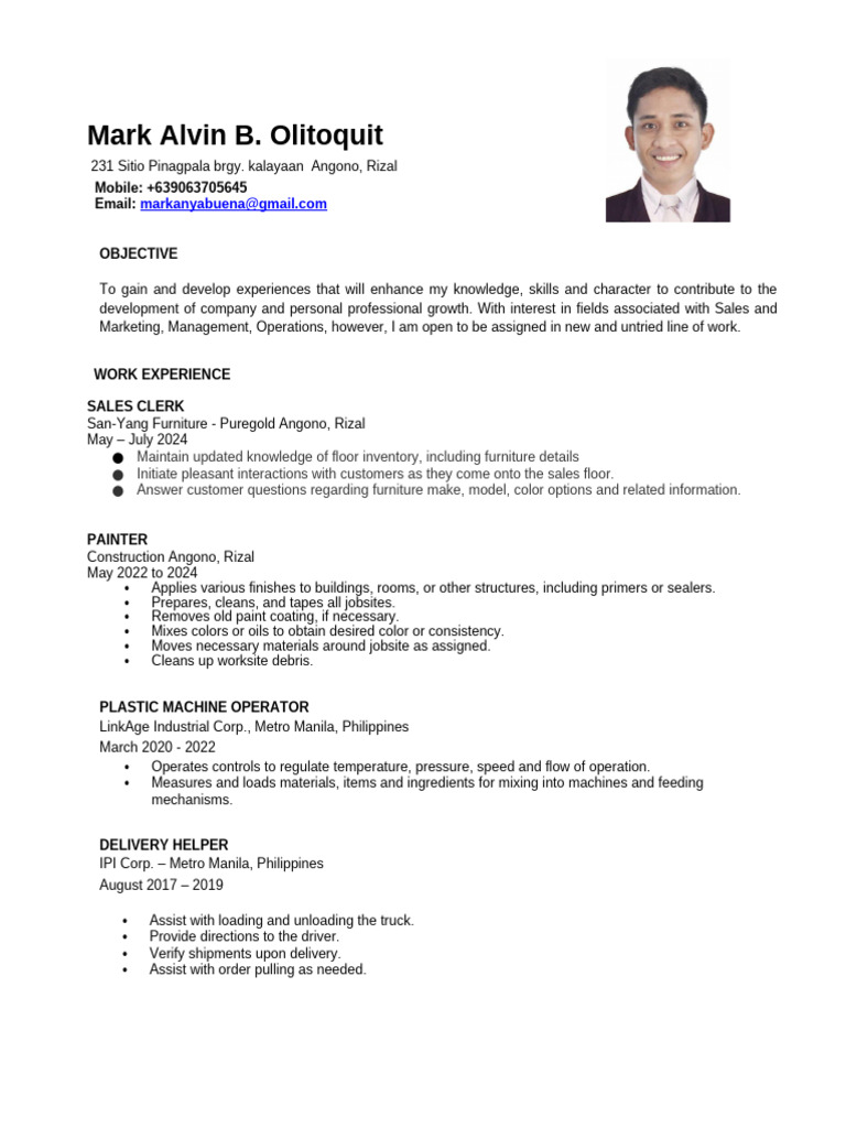 Sales and Marketing Resume of Mark Olitoquit | PDF | Philippines