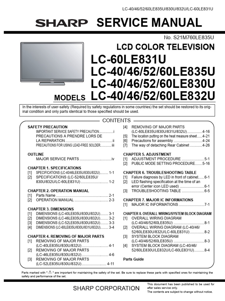 Sharp LE830 Service Manual Overview | PDF | Hdmi | Soldering