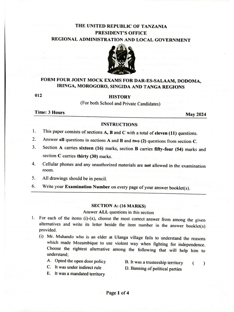 Form Four Joint Mock - 2024 | PDF