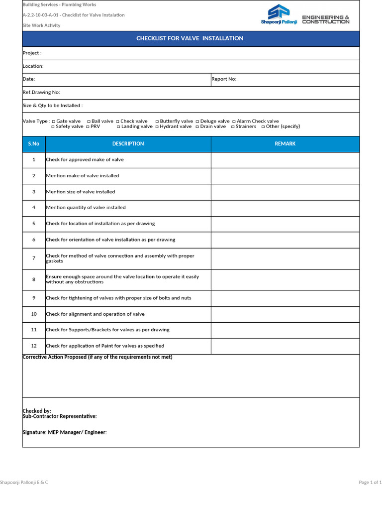 A-2.2!10!03-A-01 - Checklist for Valve Installation | PDF
