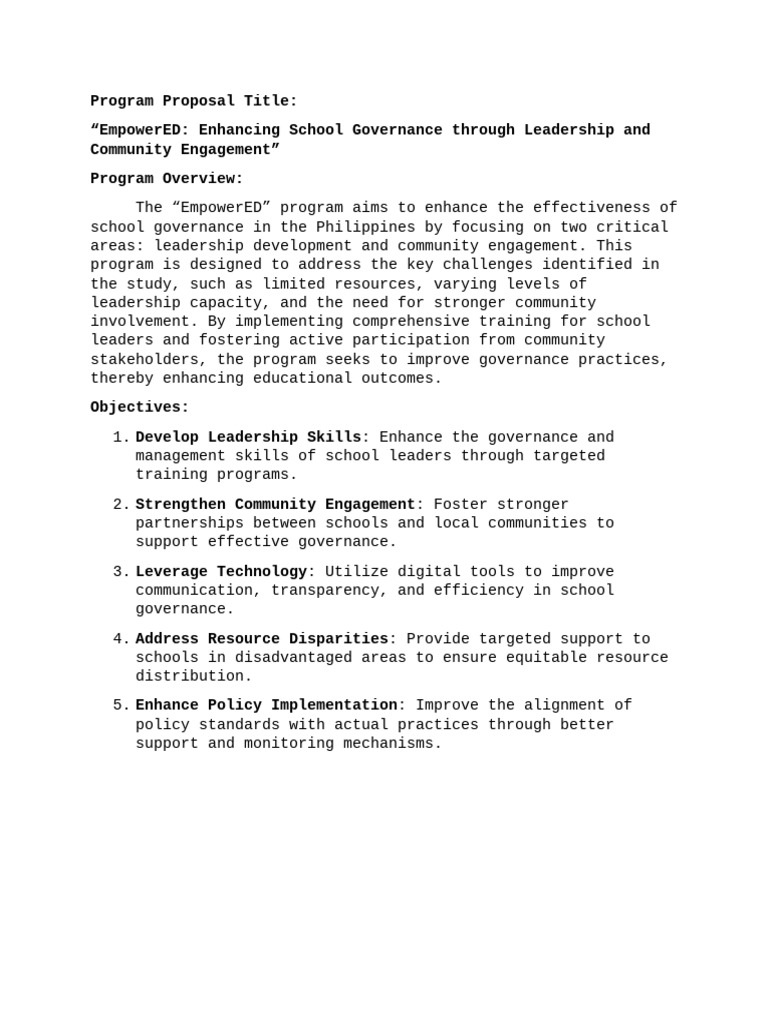 Program Proposal School Governance | PDF | Governance | Capacity Building