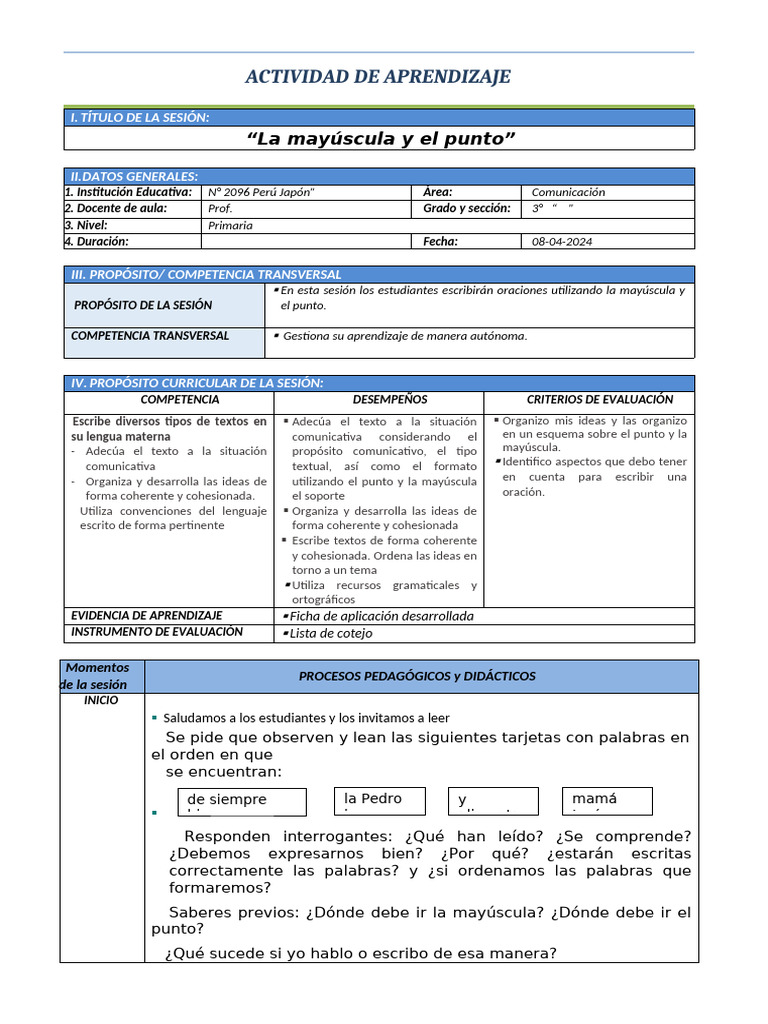 Sesión La Mayúscula y El Punto. | PDF | Evaluación | Aprendizaje