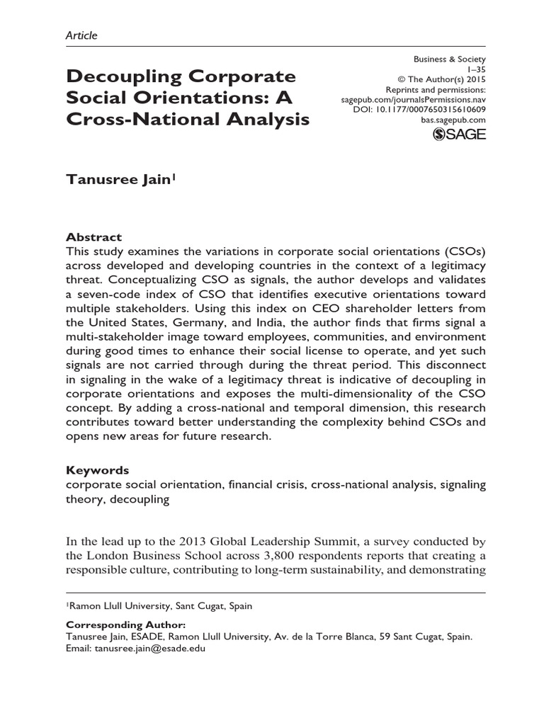 Decoupling Corporate Social Orientations: A Cross-National Analysis | PDF | Employment ...