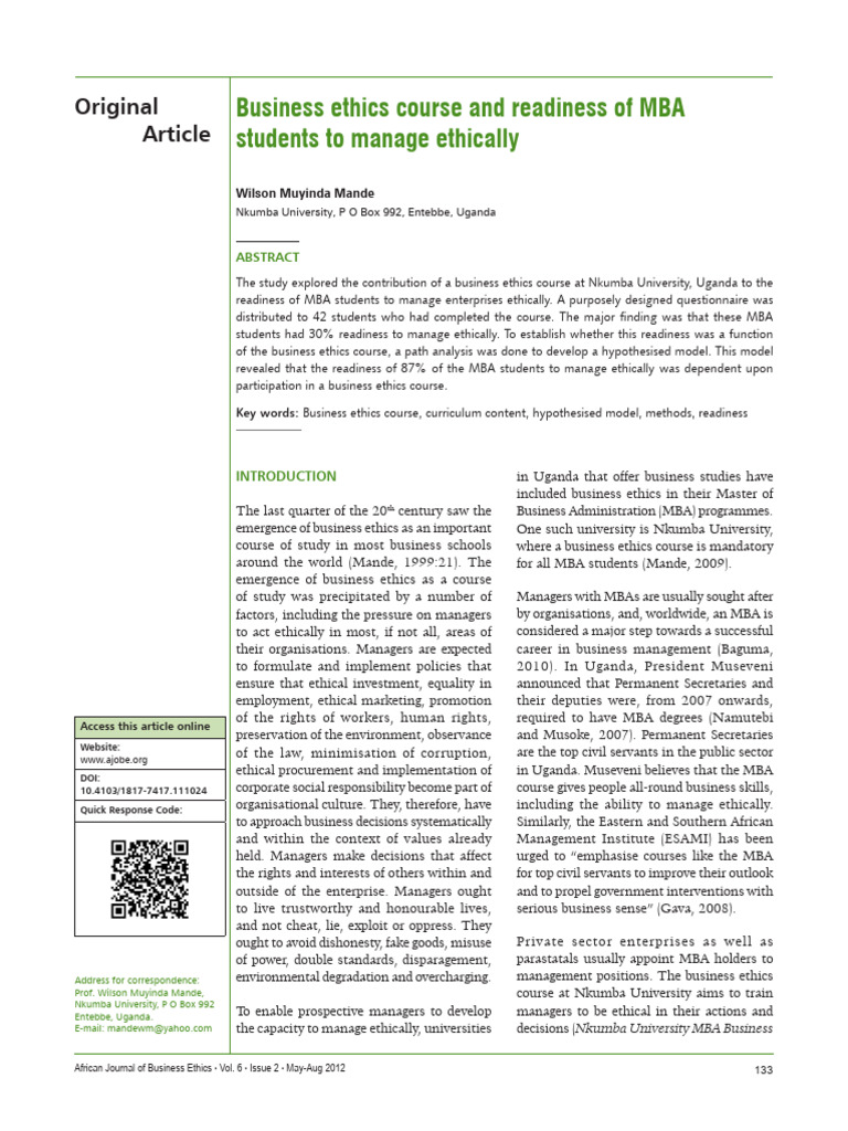 Business Ethics Course and Readiness of | PDF | Validity (Statistics ...