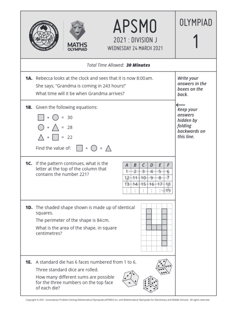 01 Grade 5-6 Math Olympiad 2021 Paper 1 | PDF | Area | Subtraction