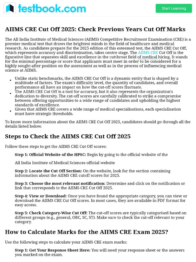 AIIMS CRE Cut Off 2025 - Check Previous Years Cut Off Marks | PDF