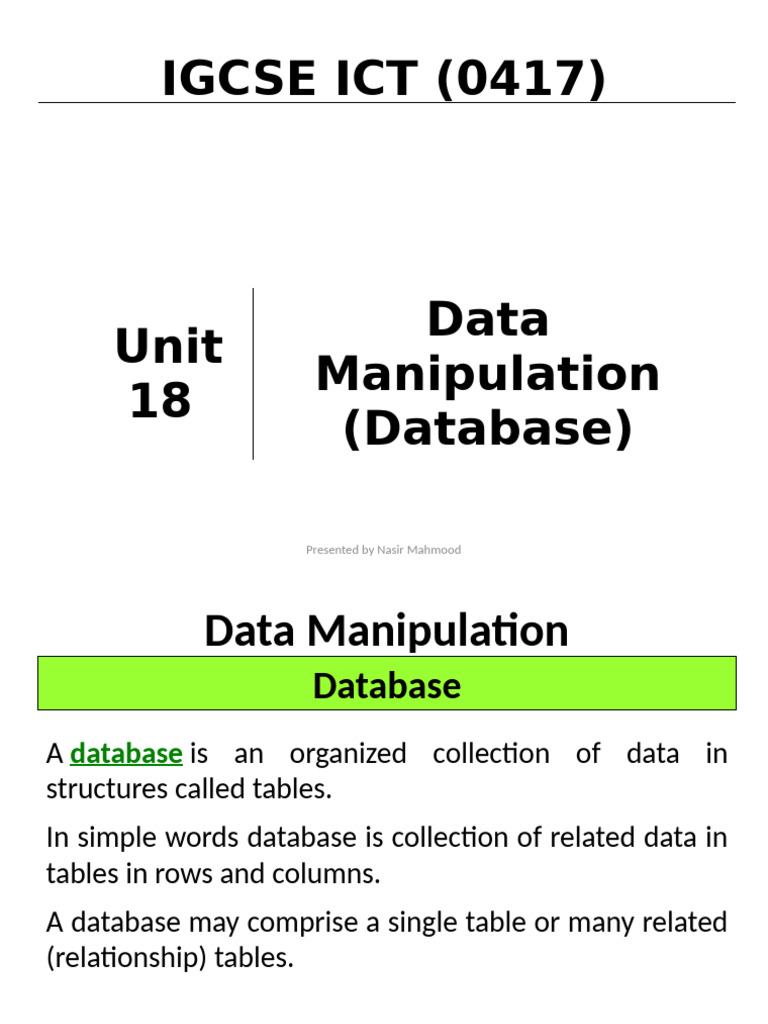 Unit 18-Data Manipulation | PDF | Databases | Computing
