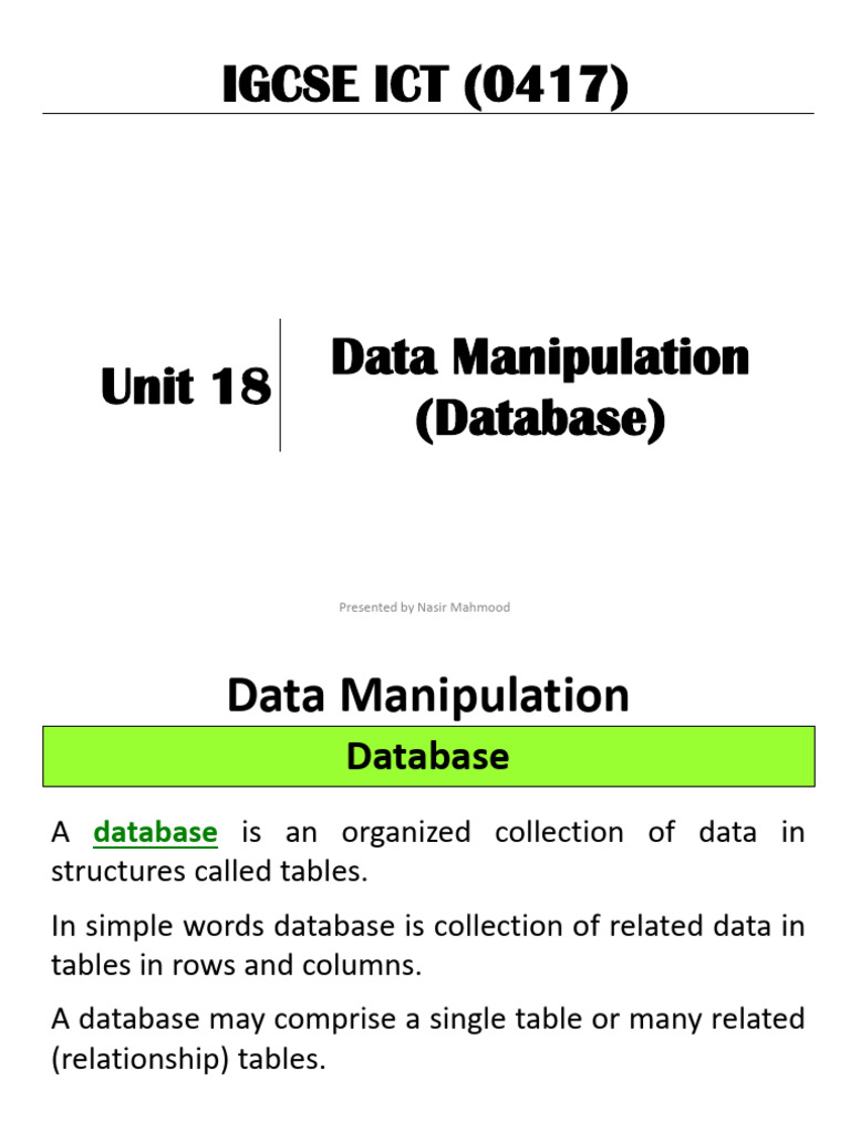 Unit 18-Data manipulation | PDF | Databases | Table (Database)