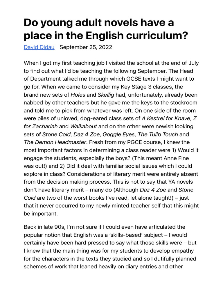 Do Young Adult Novels Have A Place in The English Curriculum? - David Didau | PDF | Curriculum ...