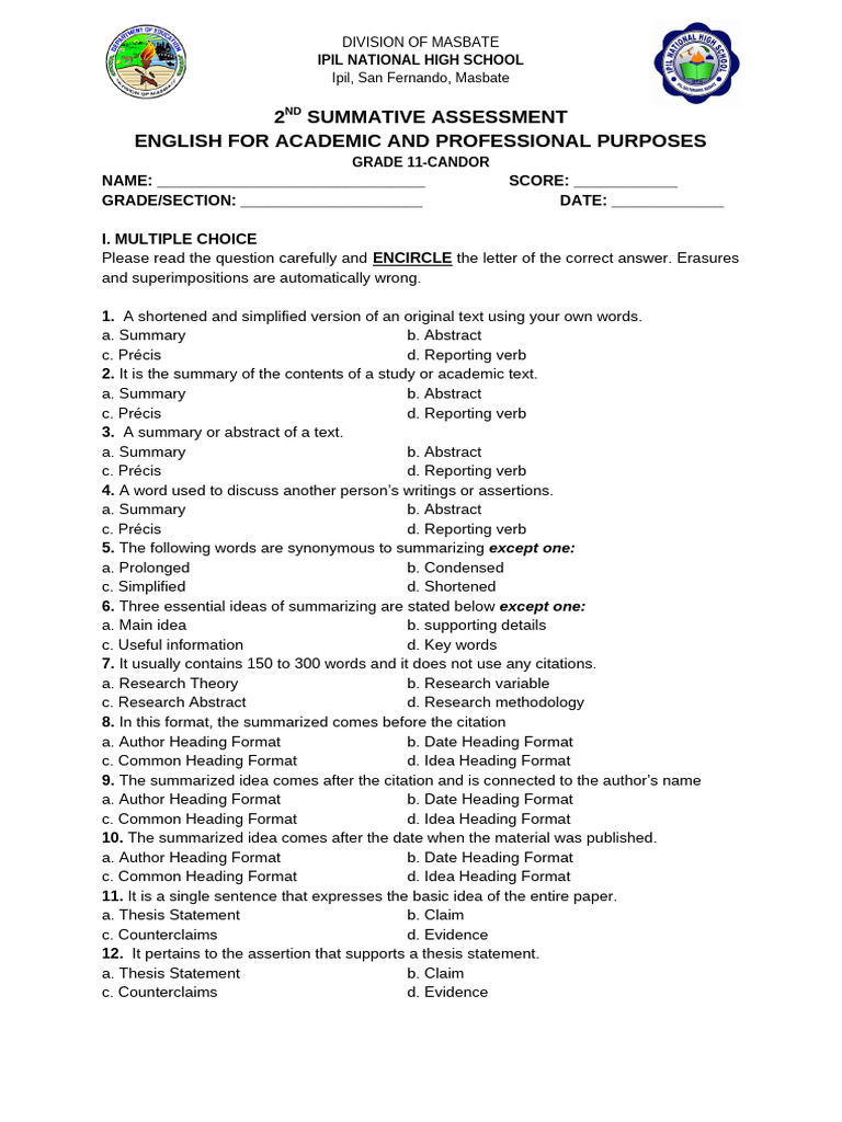 Grade 11 English Assessment: Summarizing Skills | PDF | Abstract ...
