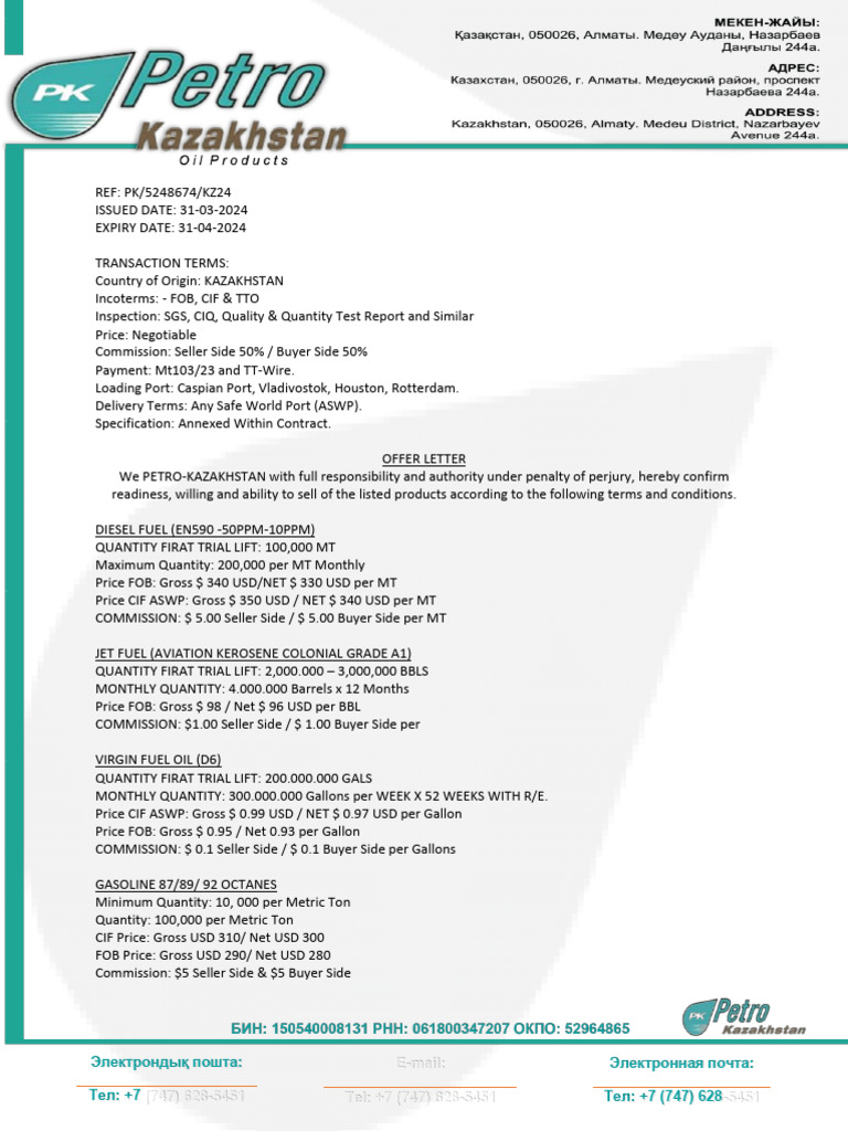 Petro Kazakhstan Updateded Offer Letter | PDF | Letter Of Credit | Bill Of Lading