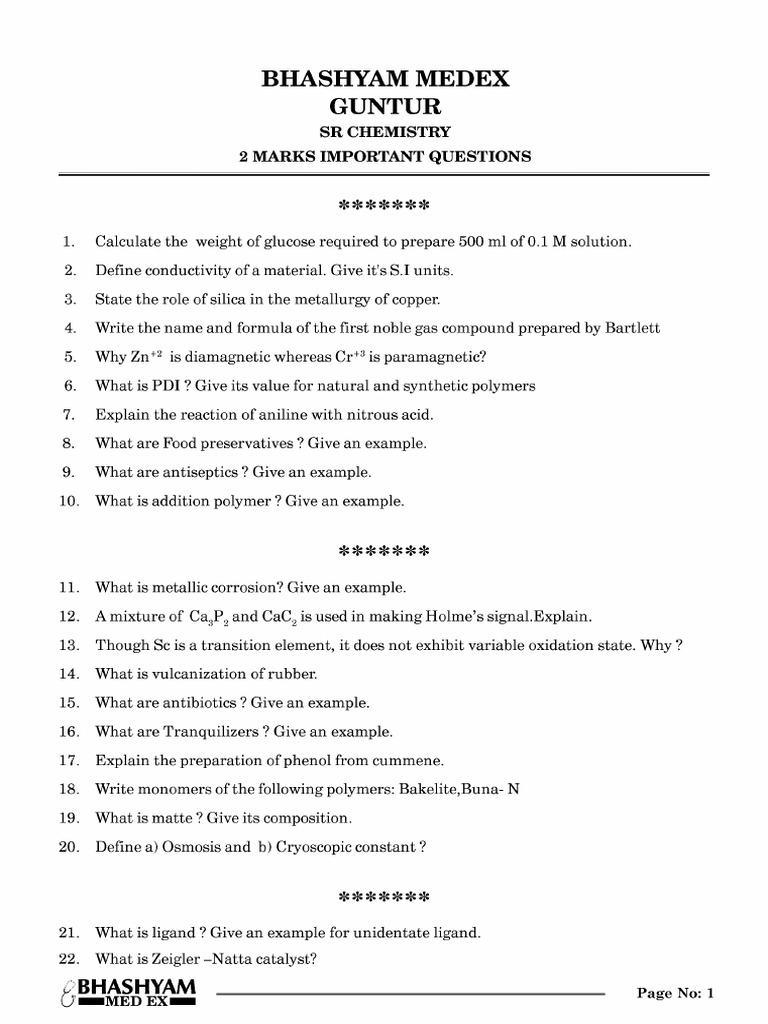 SR Chemistry Important Questions (2 Marks Questions-Ramesh Sir) | PDF