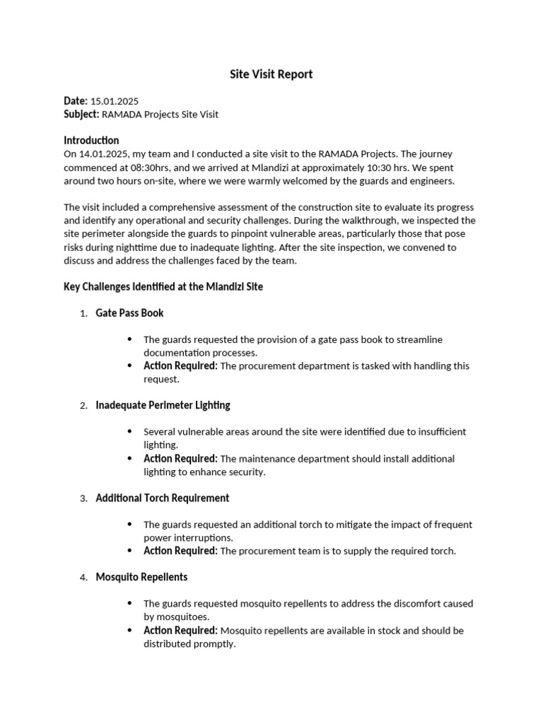Site Visit Report - RAMADA PROJECTS | PDF | Procurement