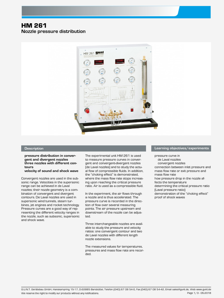 HM 261 Nozzle Pressure Distribution Gunt 831 PDF - 1 - en GB | PDF | Nozzle | Compressible Flow