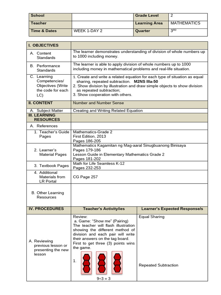 Detailed Lesson Plan in Mathematics 2 Quarter 3 | PDF | Learning ...