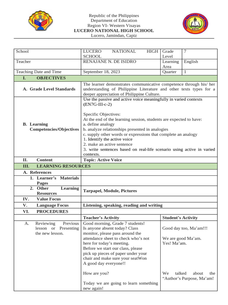 Grade 7 English: Active Voice Lesson Plan | PDF | Learning | Verb