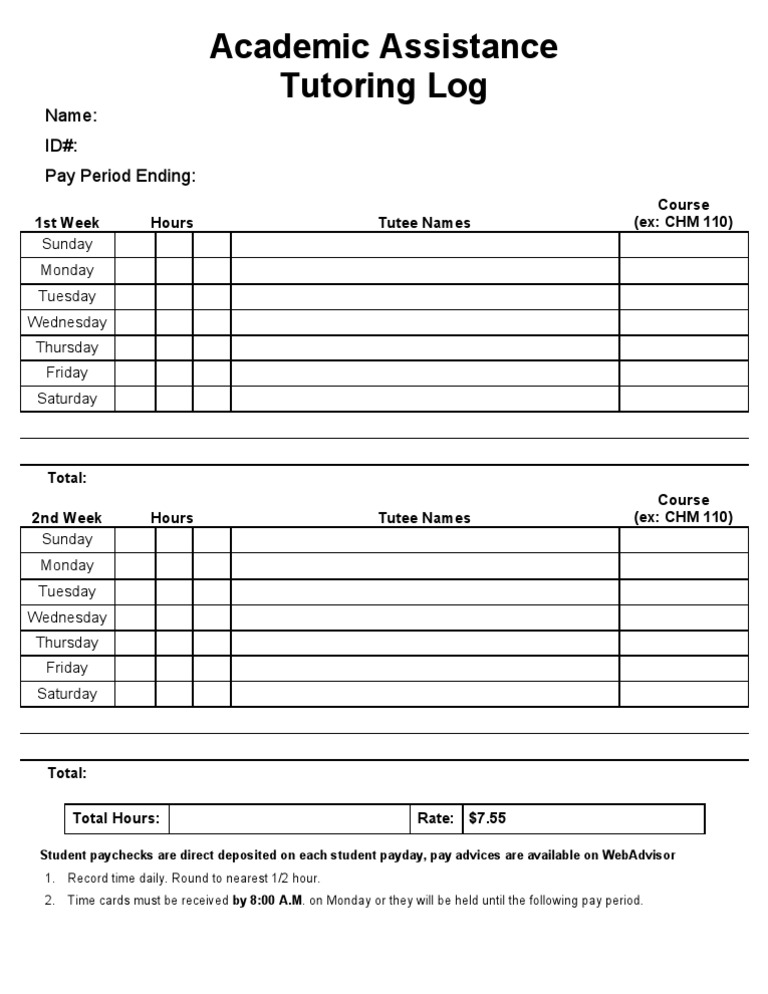 Blank Tutoring Log | PDF